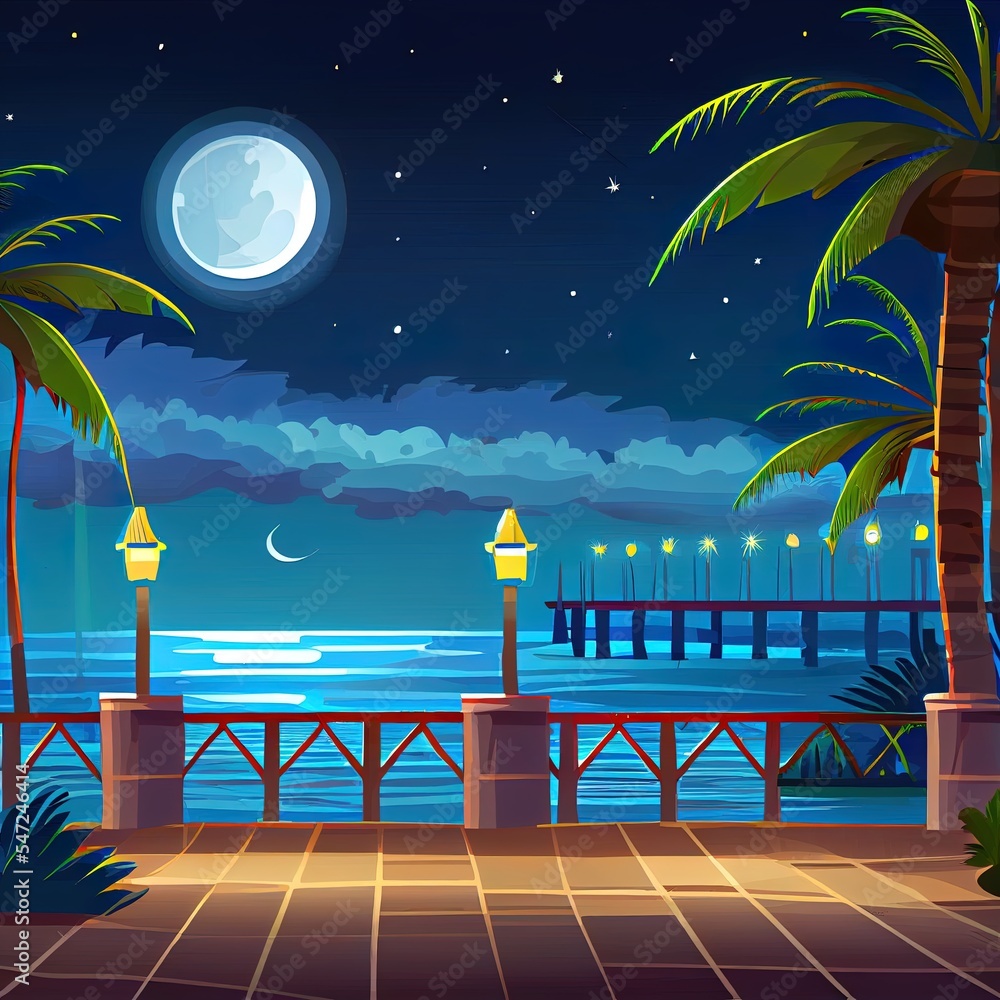 Summer seafront on tropical beach at night. Ocean shore landscape with ...