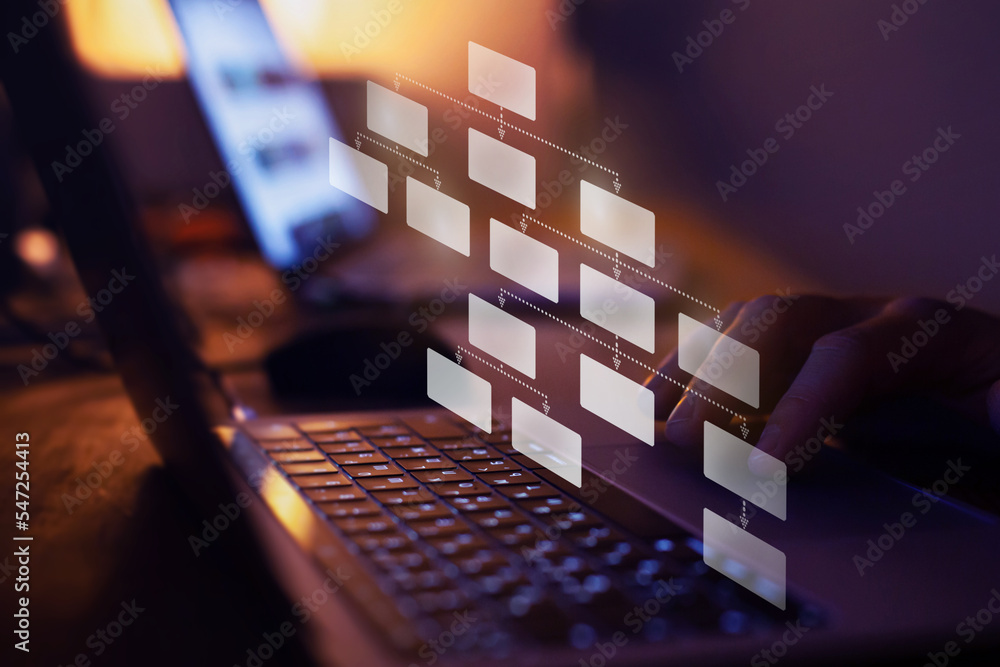 data structure, mindmap or organigram on virtual screen, hierarchy ...