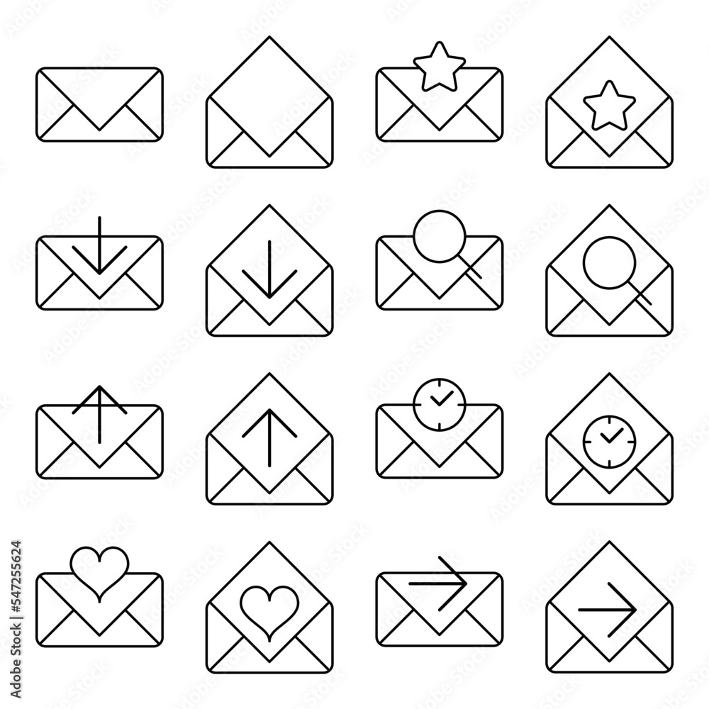 Outline email icon set, open envelope pictogram, line mail symbol for ...