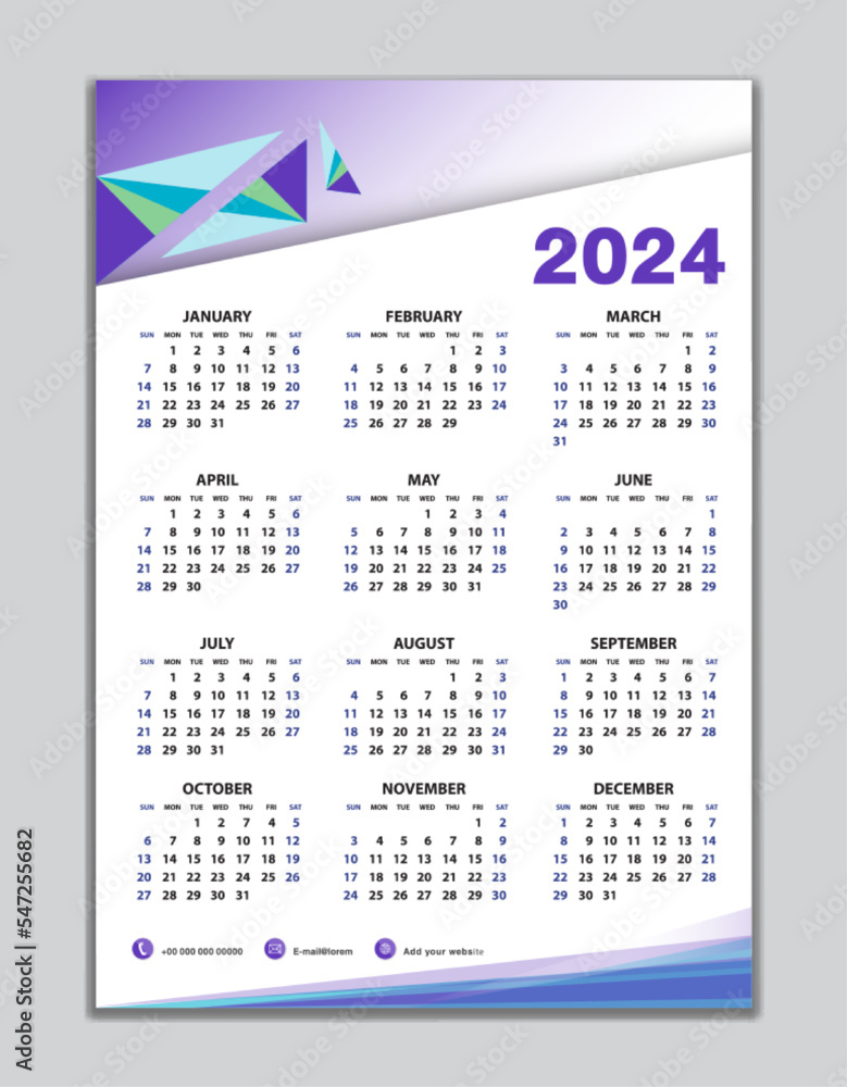 Vecteur Stock Wall calendar 2024 template, desk calendar 2024 design ...