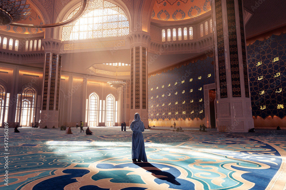 Back view modern woman in traditional blue abaya standing in Grand ...