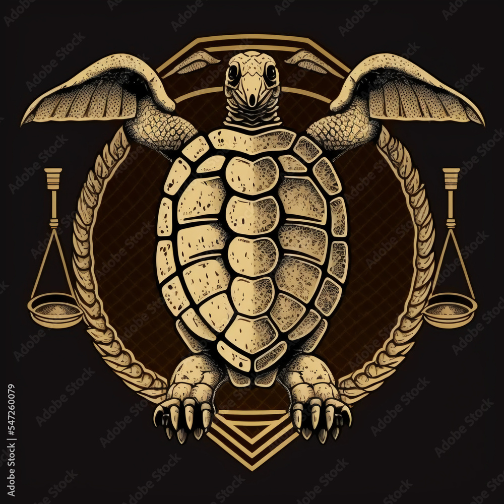 Symbol of the slow pace of justice. Turtle and scales of justice ...