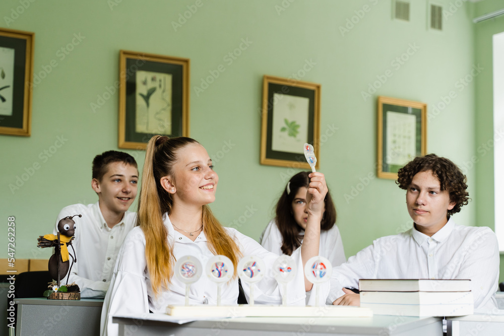 Pupils at biology lesson at school with animal cell models on the table ...