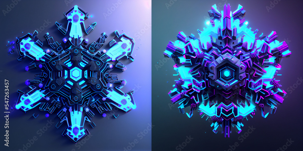 futuristic snowflake, cyber snowflake, neon lights, neon tubes ...