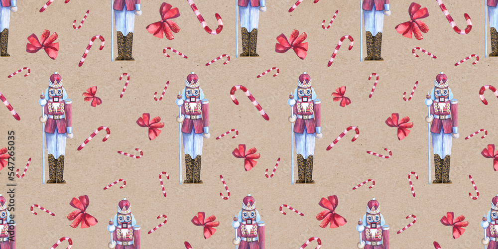 A pattern of nutcrackers with Christmas candies, colorful bows on kraft ...