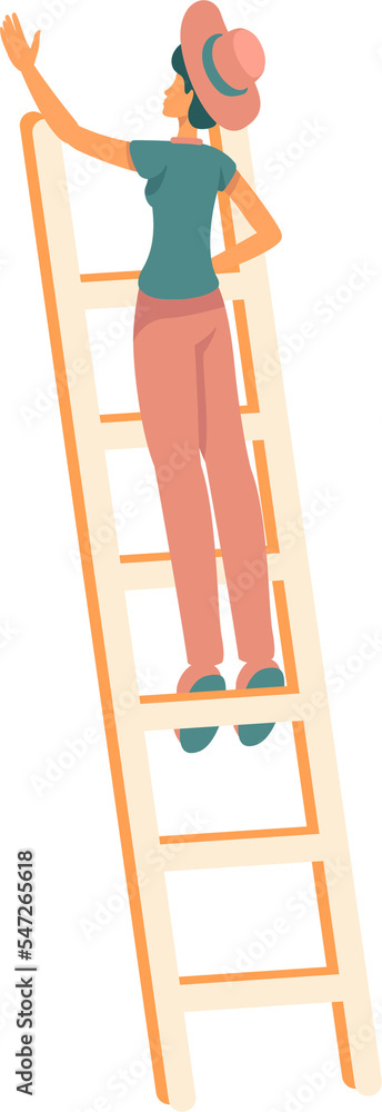 Young woman standing on garden ladder semi flat color raster character ...