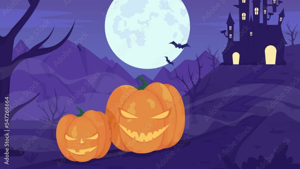 Animated haunted castle illustration. Wicked pumpkins. Residence on ...