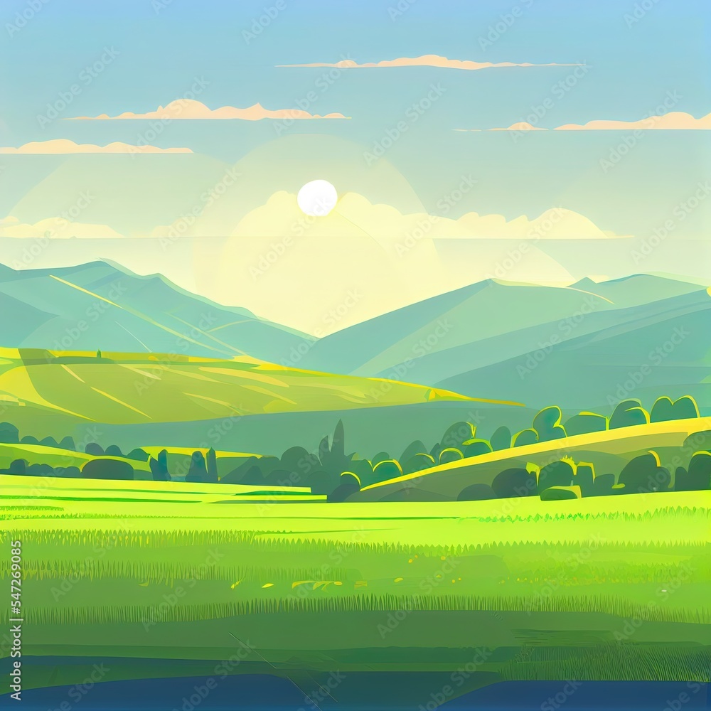 2d illustrated illustration of beautiful summer field with dawn, green ...