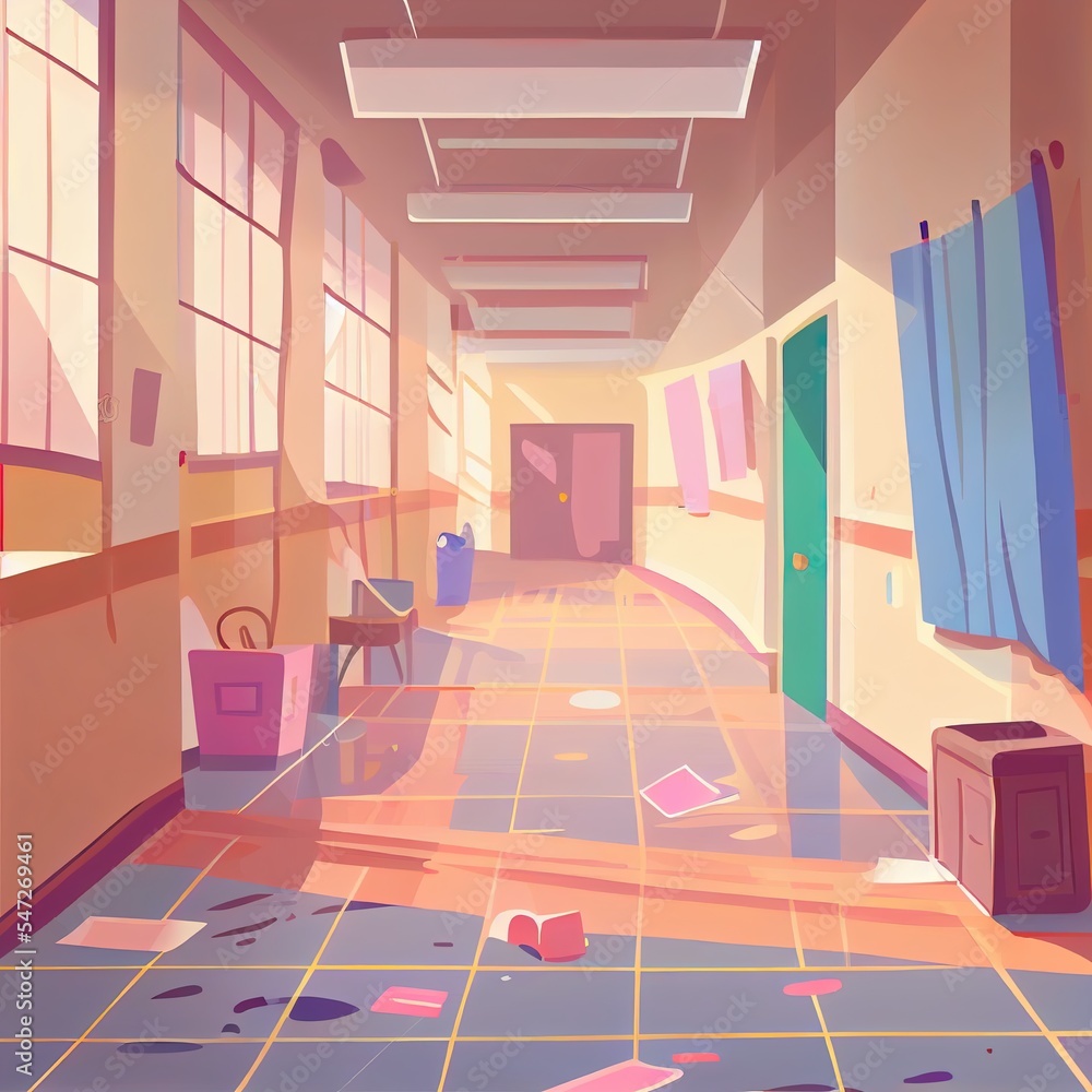2d illustrated cartoon school hallway with window and many doors ...