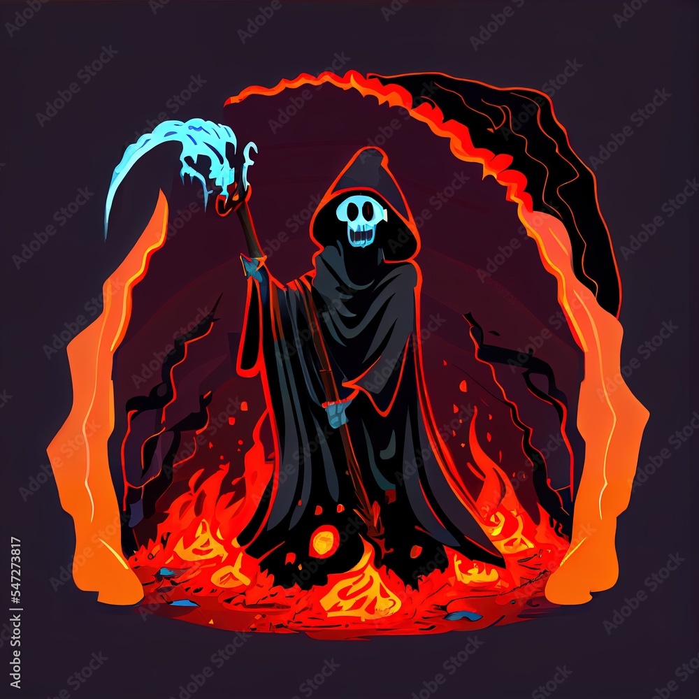 Grim reaper with scythe in hell. Funny death Halloween character wear ...