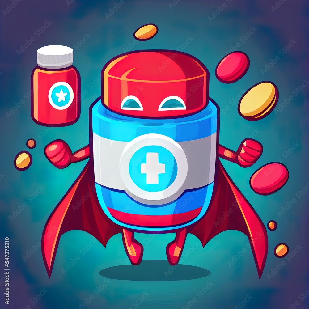 Cute capsule medicine superhero character flaying illustration cartoon ...