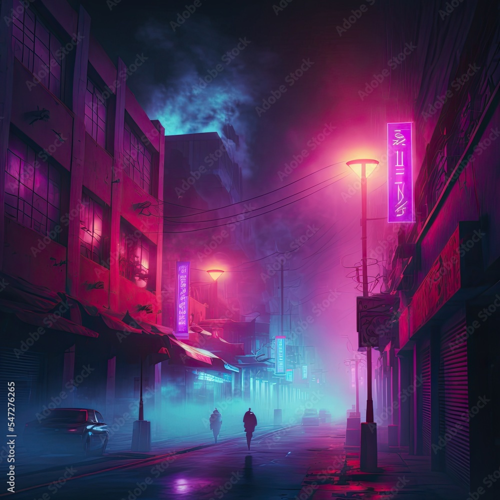 Cyberpunk dark street background with buildings, people and cars Stock ...