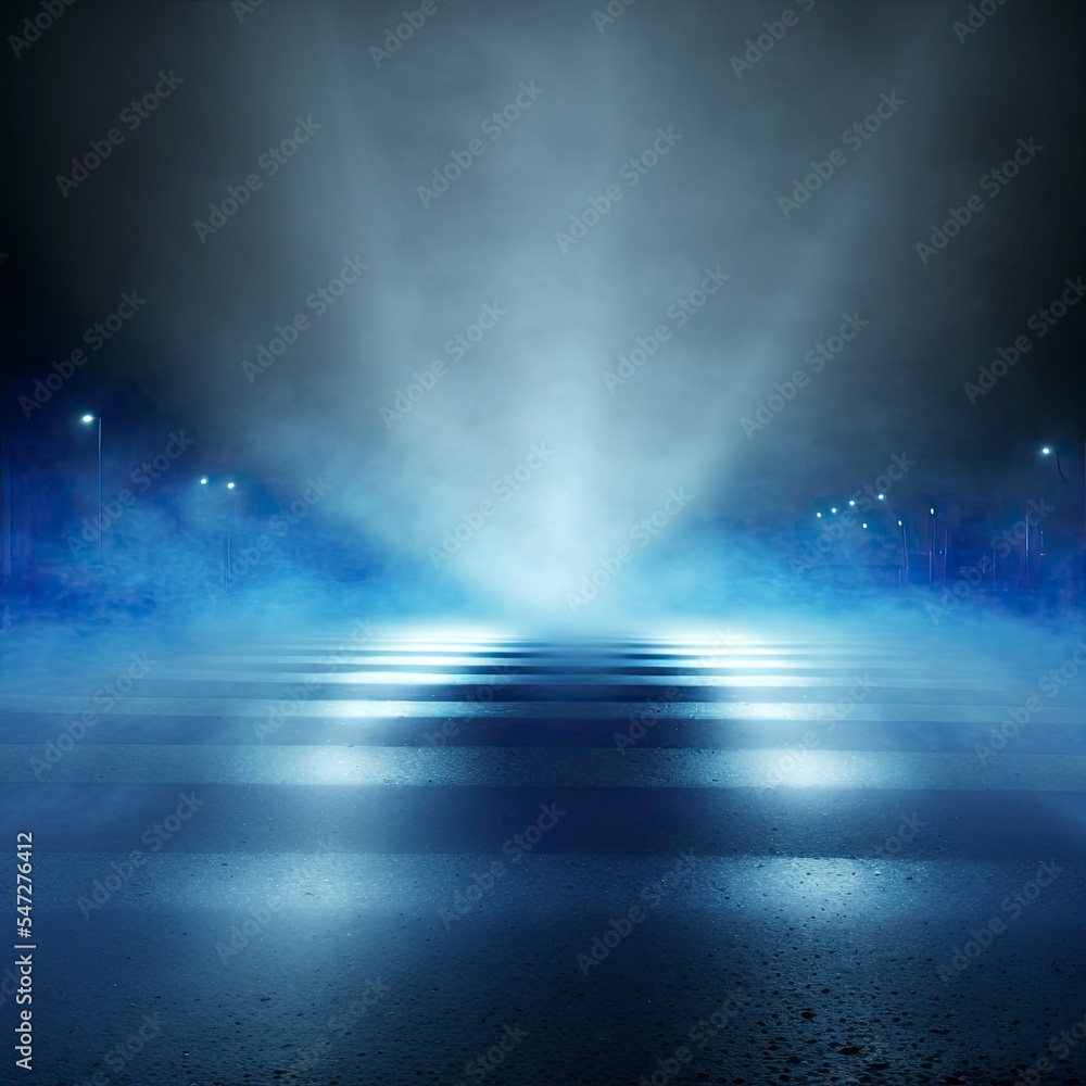 Epic dark blue background, wet asphalt, streetlights and spotlight ...