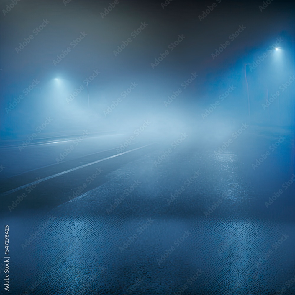 Epic dark blue background, wet asphalt, streetlights. Empty city street ...