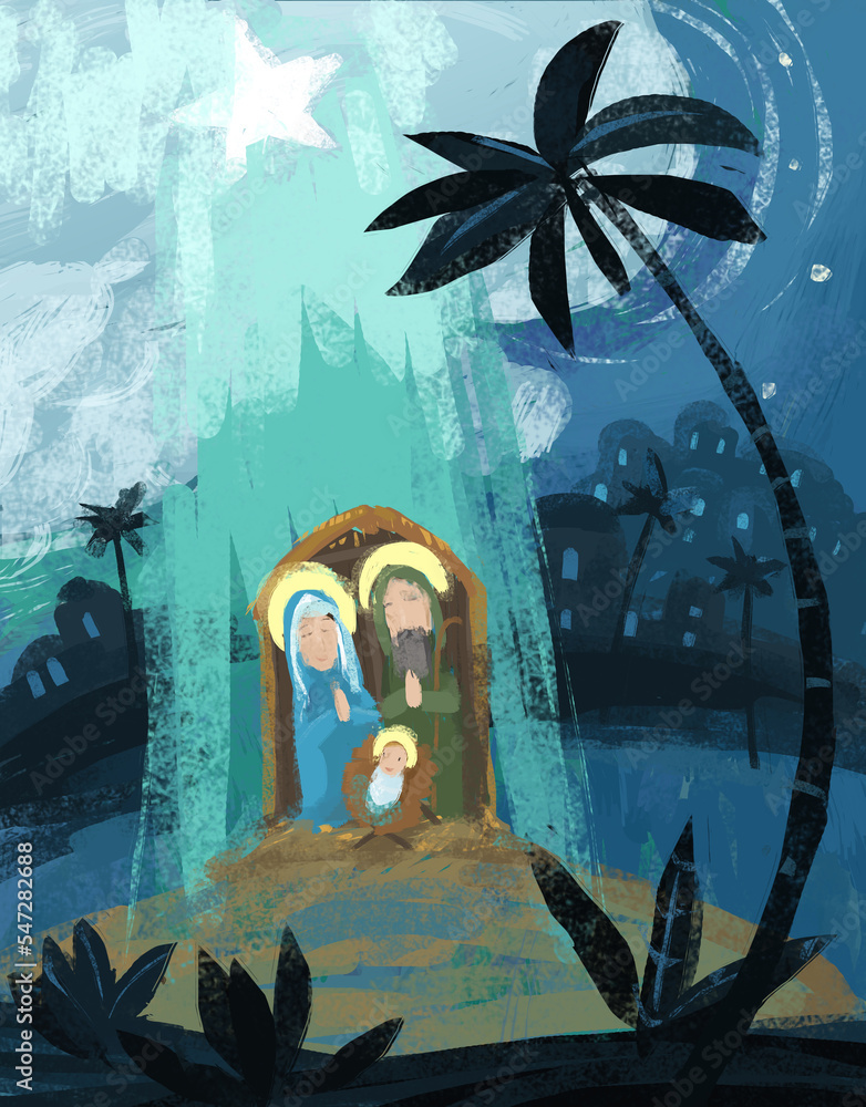cartoon illustration of the holy family traditional scene Stock ...