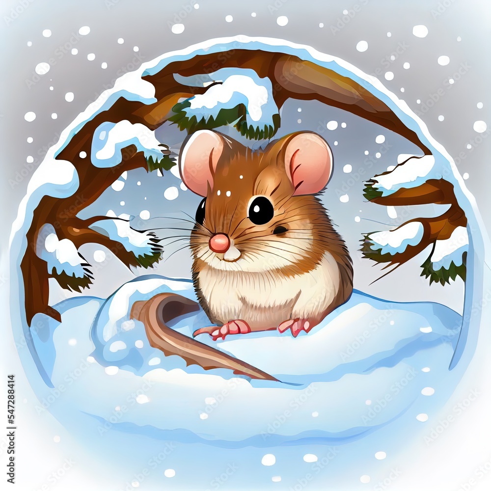 Striped field mouse apodemus agrarius looking from hole in snow under ...