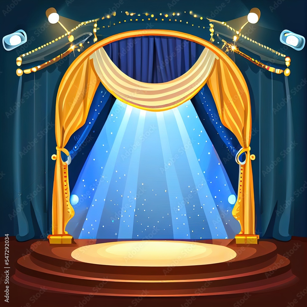 Stage for concert or show with spotlights, curtains and gold arch with ...