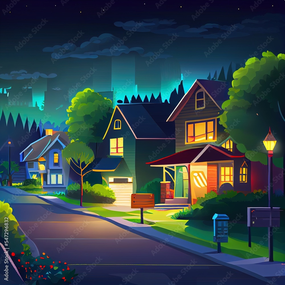 Urban or suburban neighborhood at night, houses with lights, late ...