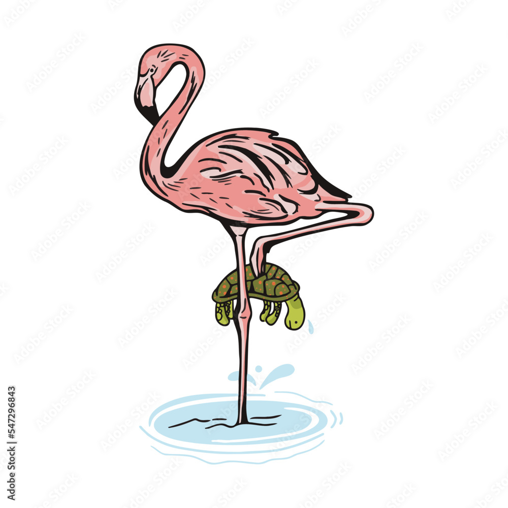 Flamingo catches turtle cartoon illustration Stock Vector | Adobe Stock