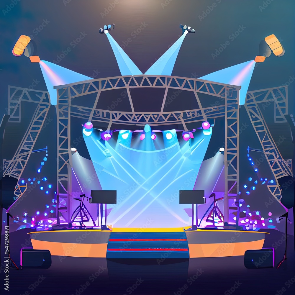 Concert stage with screen illuminated by spotlights. 2d illustrated ...
