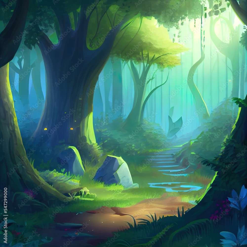 Deep Forest. Fantasy Backdrop. Concept Art. Realistic Illustration. Video Game Digital CG ...