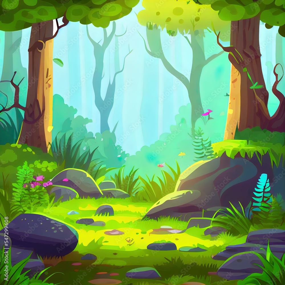 Cartoon forest background, nature landscape with deciduous trees, moss ...