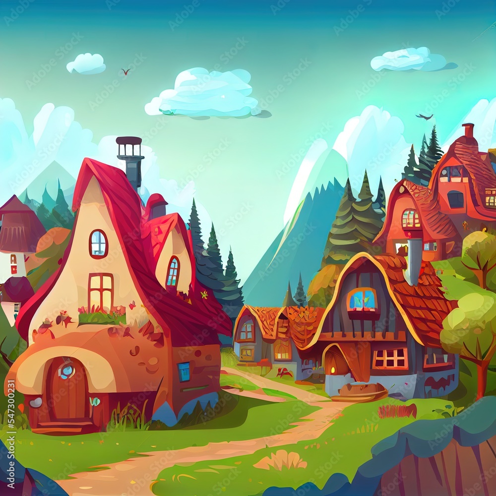 Fairy tales village with small houses. Panorama. 2d illustrated cartoon ...