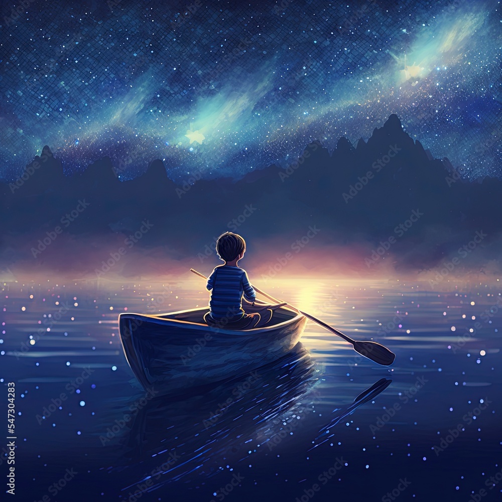 boy rowing a boat in the sea of the starry night with mysterious light ...