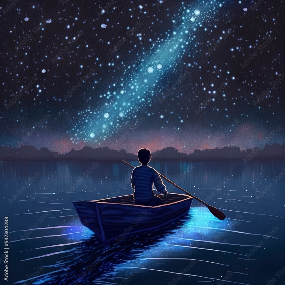 boy rowing a boat in the sea of the starry night with mysterious light ...