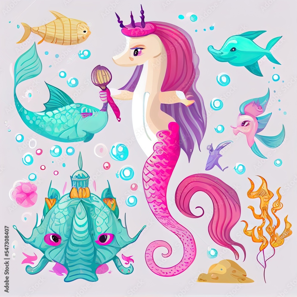 Sea cartoon unicorn. Mermaid character, fish and seahorse. Cartoon cat ...