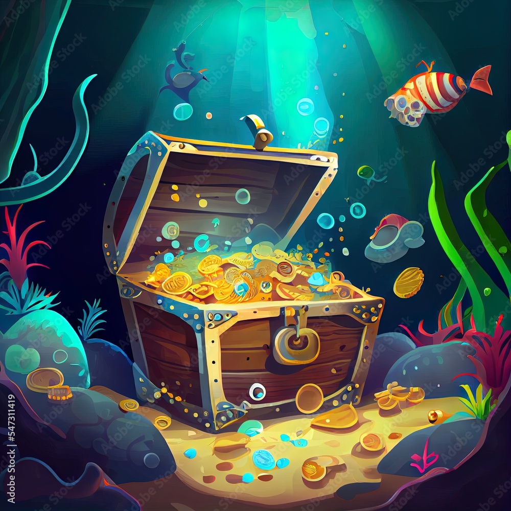 Cartoon underwater world with open pirate treasure chest. Sunken wooden ...