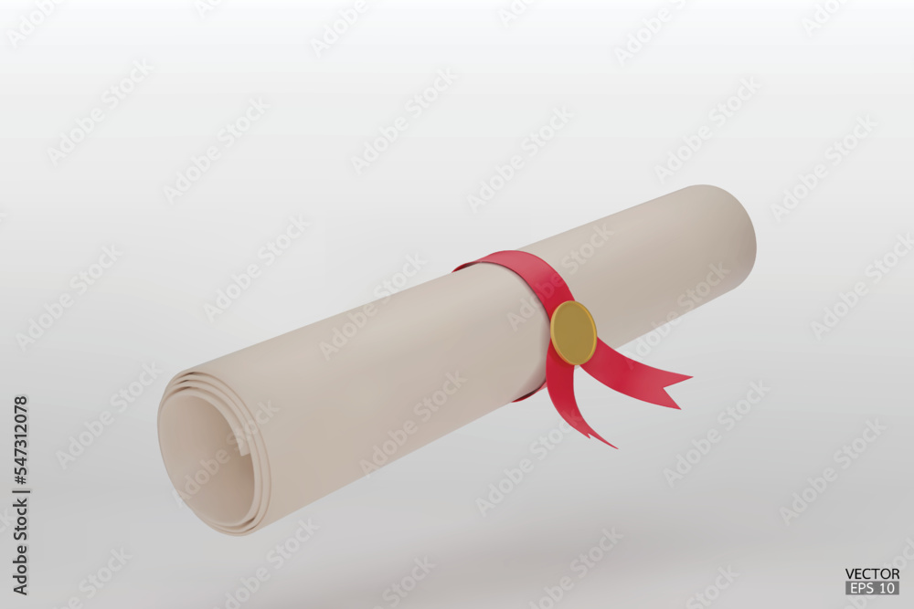 Diploma, close up of paper scroll with red ribbon isolated on white ...