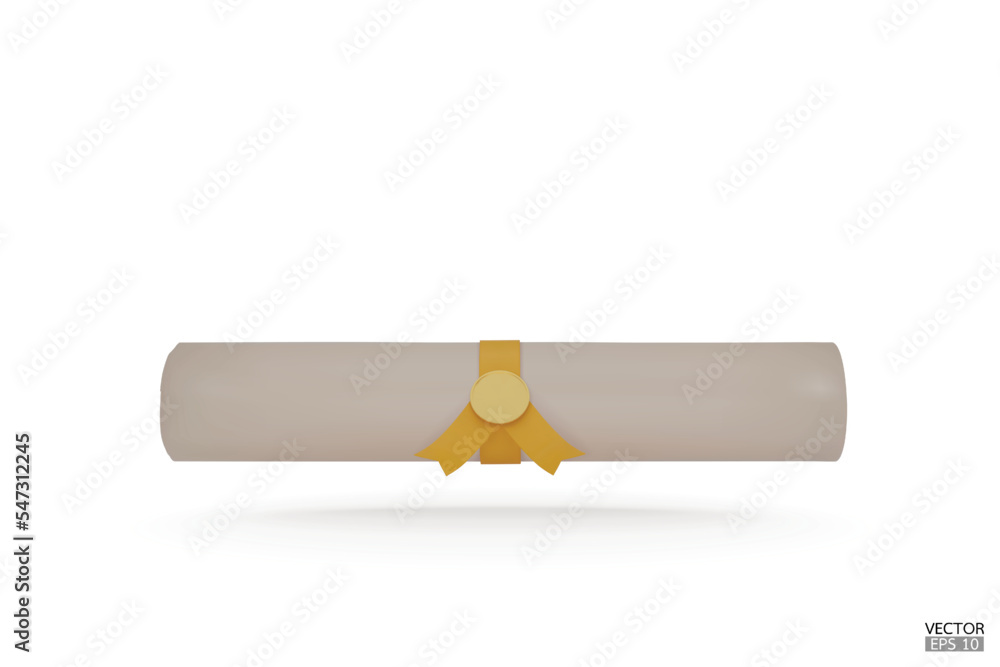 Diploma, close up of paper scroll with yellow ribbon isolated on white ...