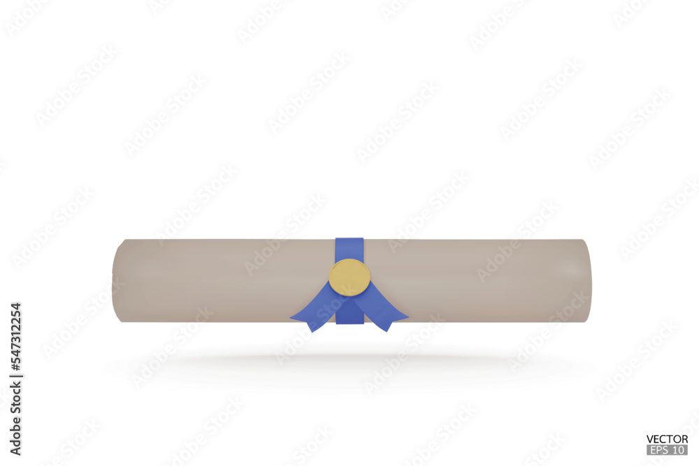 Diploma, close up of paper scroll with blue ribbon isolated on white ...
