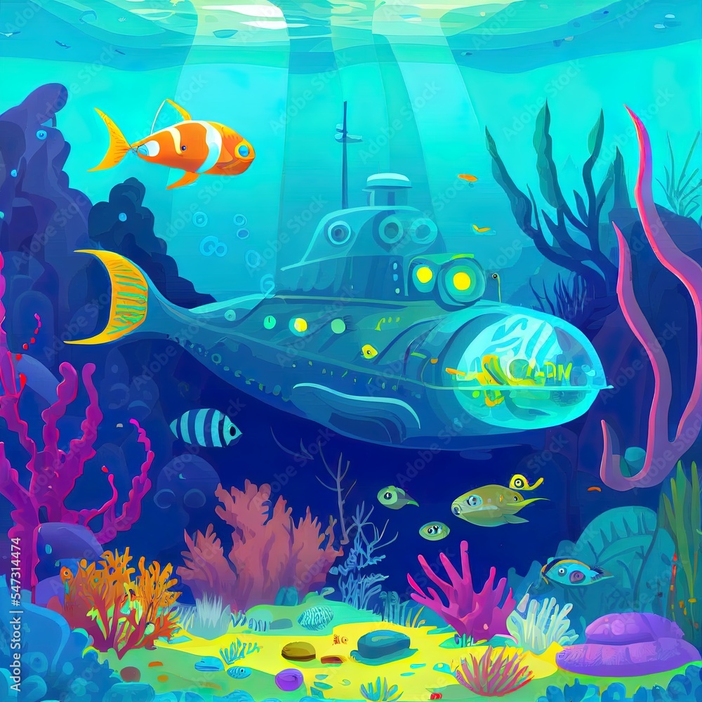 Underwater sea landscape with submarine, fish, corals, marine plants ...