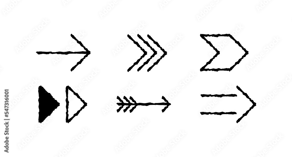 Basic arrow icon set from rough jagged edged black lines, PNG ...