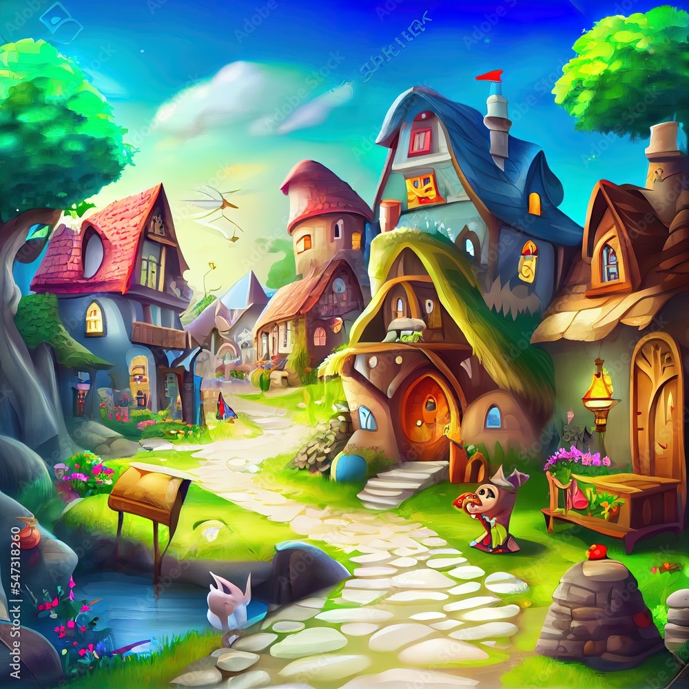 Magic world with fairy tale characters. Cartoon fantasy background ...