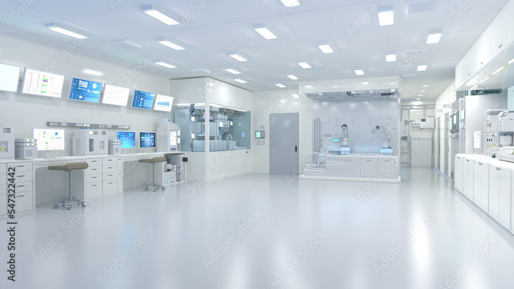 White futuristic digital laboratory interior in semiconductor ...