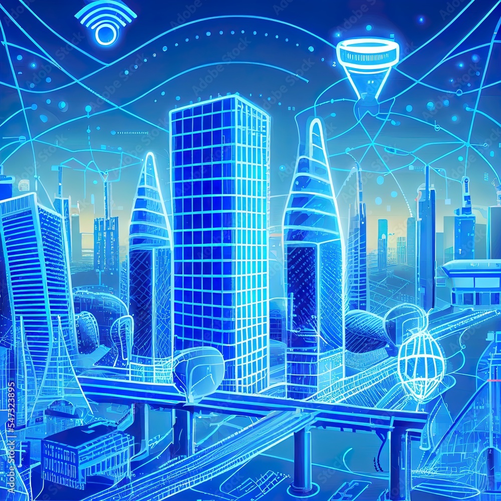 Duotone Graphic Of Smart City Diorama And Communication Network Concept duotone-graphic-of-smart-city-diorama-and-communication-network-concept