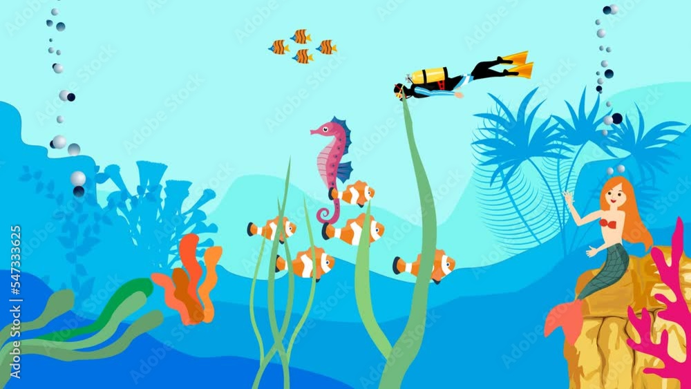 Underwater life fishes sea horse diver cartoon 2d animation Stock Video ...