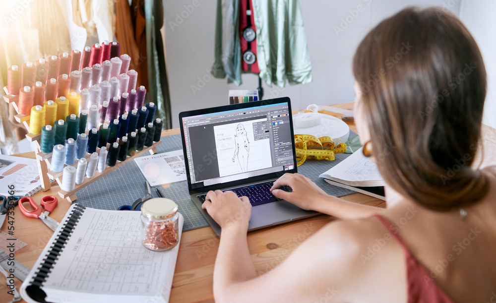 Fashion, clothes and digital designer woman working on a computer ...