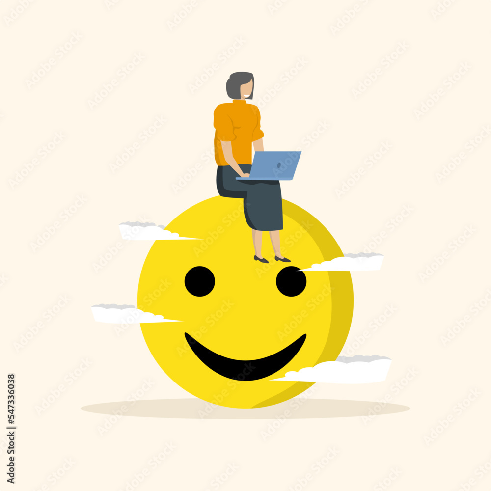 happy businesswoman working with computer laptop via smiley emoticon ...