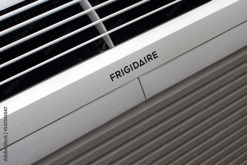 Oceanside, CA, USA - May 15, 2022: Frigidaire logo is seen on a PTAC ...