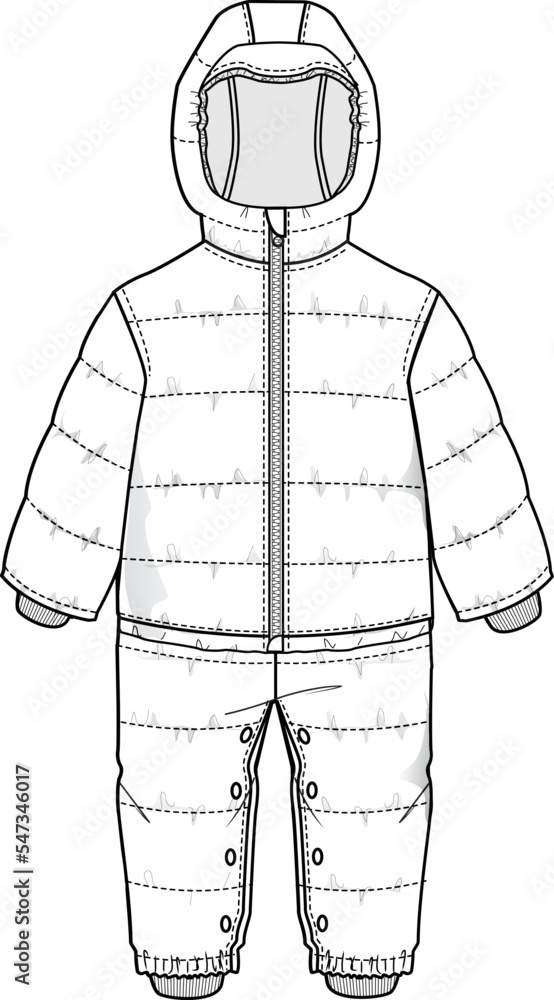 KID BOYS WEAR COSY SNOW SUIT ALL IN ONE FLAT ILLUSTRATION SKETCH VECTOR ...
