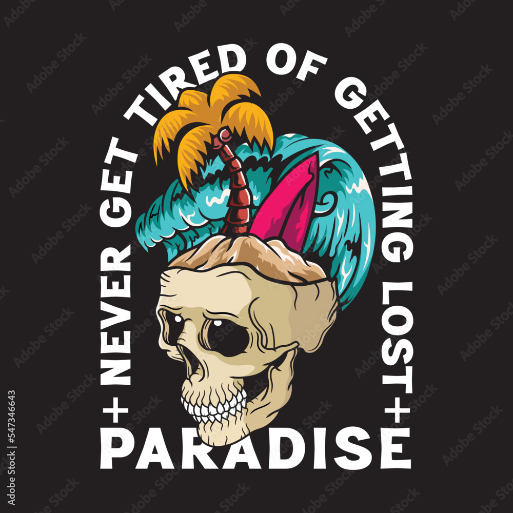 Skull and the inscription 'never get tired of getting lost'. Design for ...