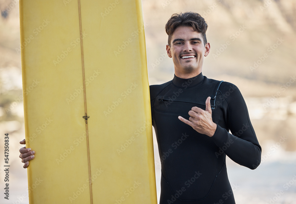 Happy surfer, hand sign and man, portrait and motivation, beach and ...
