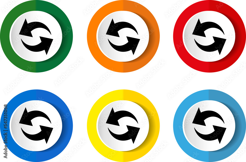 Reload icon set, flat design illustration in 6 colors options for ...