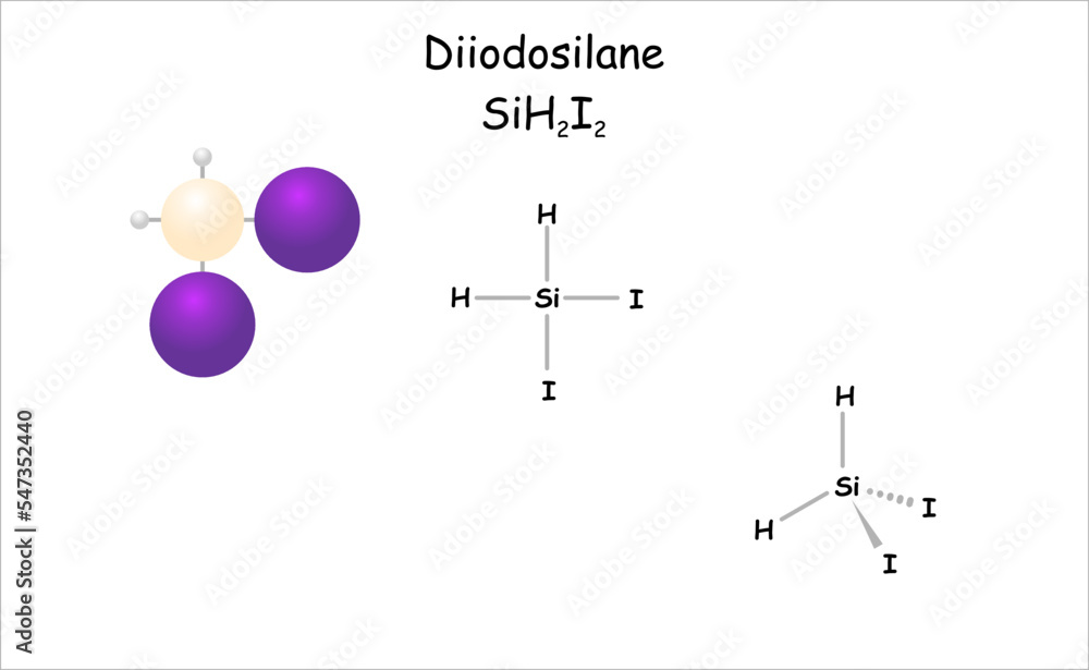 Stylized molecule model/structural formula of diiodosilane. Stock ...