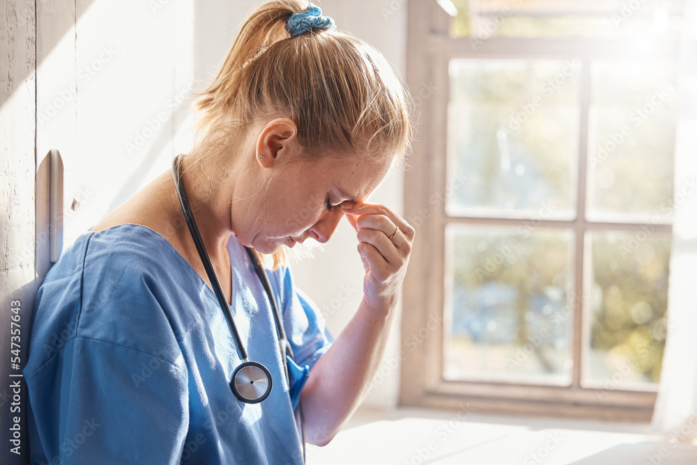 Headache, stress and burnout of woman doctor, sad worker and medical ...