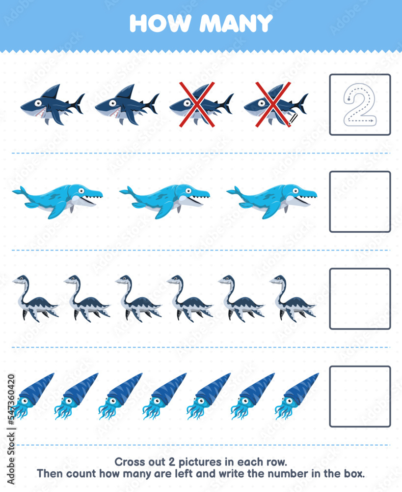 Education game for children count how many cute cartoon megalodon ...